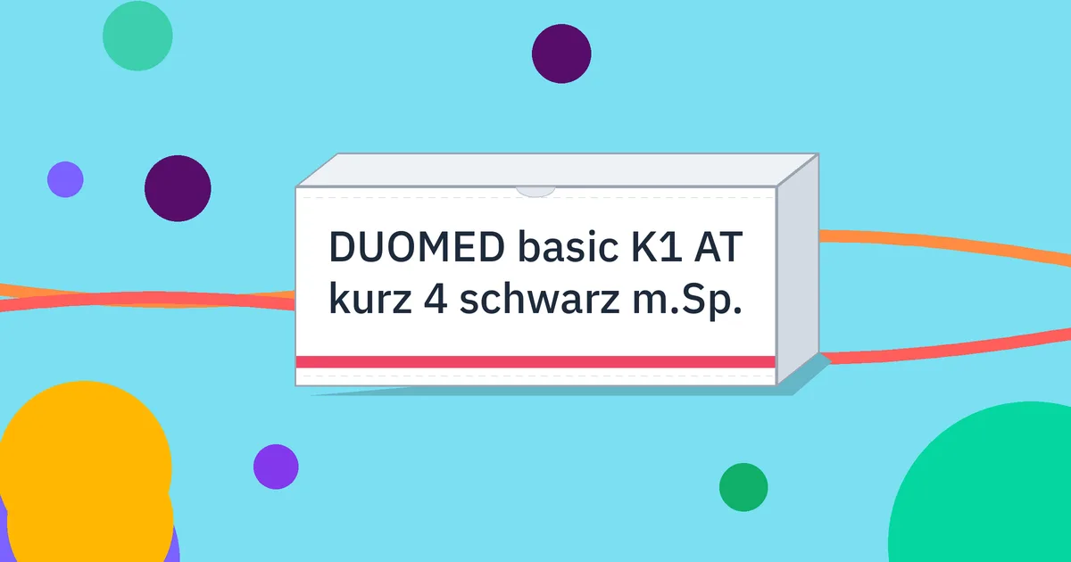 Symbolbild: Packung mit der Aufschrift DUOMED basic K1 AT kurz 4 schwarz m.Sp. (PZN 20903129) – Verfügbarkeit und Bezug in Apotheken in Frankfurt am Main