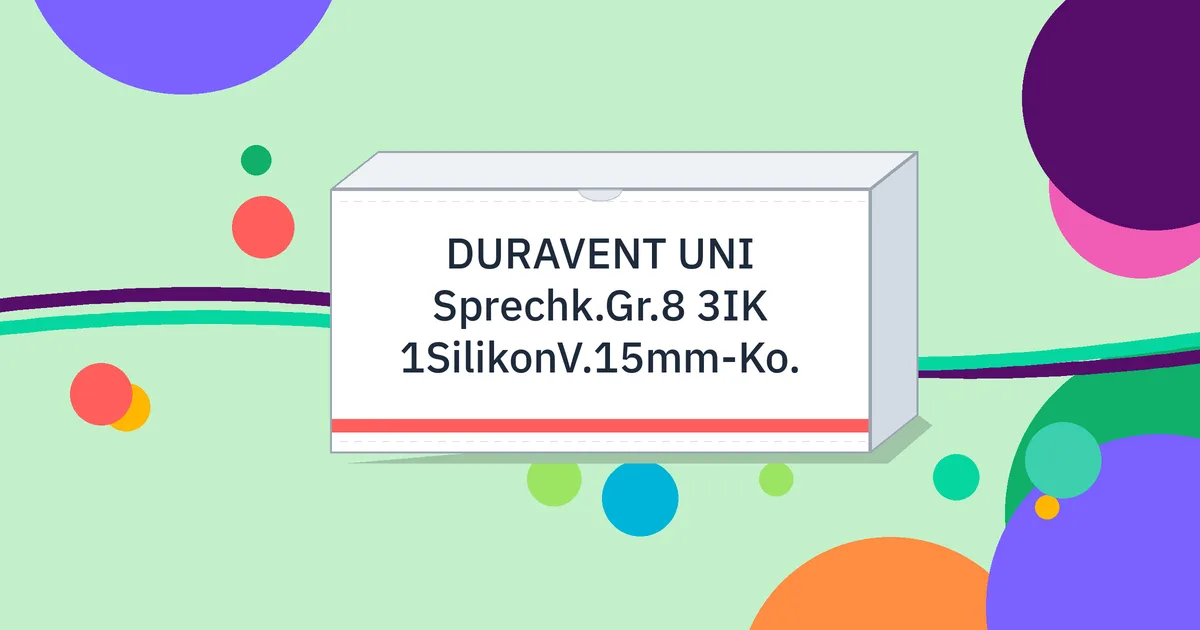 Symbolbild: Packung mit der Aufschrift DURAVENT UNI Sprechk.Gr.8 3IK 1SilikonV.15mm-Ko. (PZN 02083421) – Verfügbarkeit und Bezug in Apotheken in Frankfurt am Main