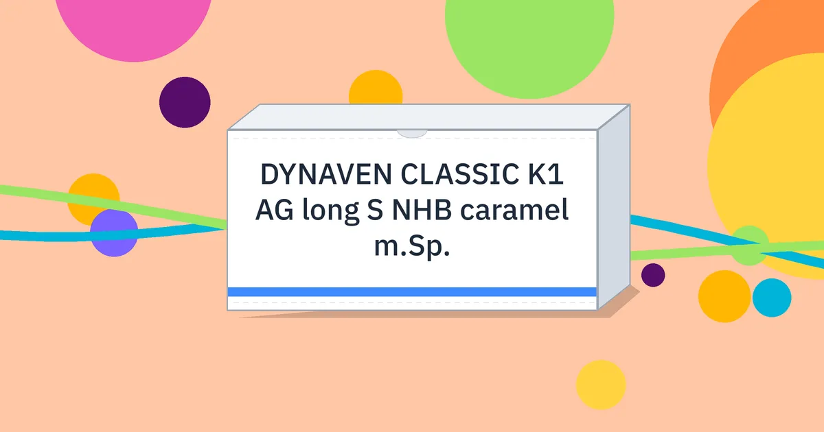 Symbolbild: Packung mit der Aufschrift DYNAVEN CLASSIC K1 AG long S NHB caramel m.Sp. (PZN 18415753) – Verfügbarkeit und Bezug in Apotheken in Frankfurt am Main