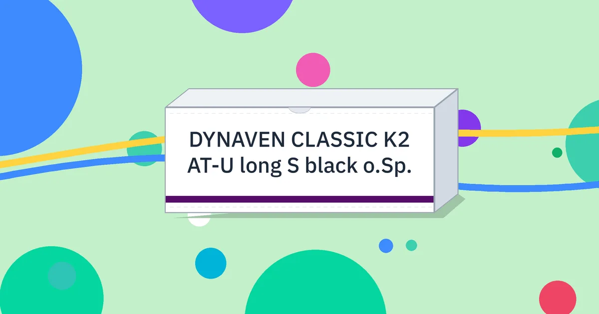 Symbolbild: Packung mit der Aufschrift DYNAVEN CLASSIC K2 AT-U long S black o.Sp. (PZN 18419455) – Verfügbarkeit und Bezug in Apotheken in Frankfurt am Main