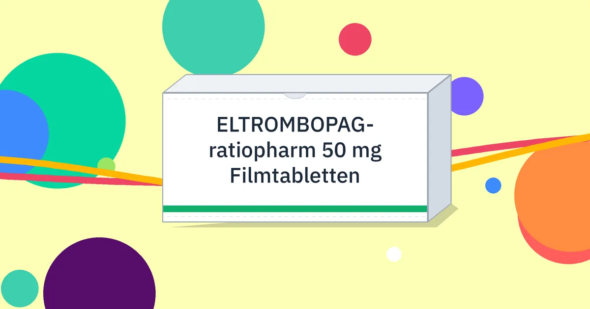Symbolbild: Packung mit der Aufschrift ELTROMBOPAG-ratiopharm 50 mg Filmtabletten (PZN 19807981) – Verfügbarkeit und Bezug in Apotheken in Frankfurt am Main