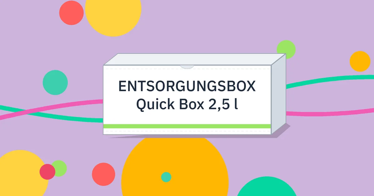 Symbolbild: Packung mit der Aufschrift ENTSORGUNGSBOX Quick Box 2,5 l (PZN 08909885) – Verfügbarkeit und Bezug in Apotheken in Frankfurt am Main