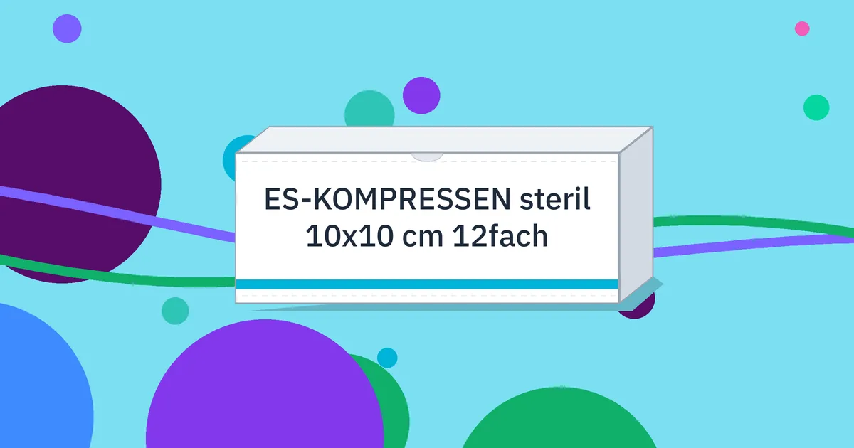 Symbolbild: Packung mit der Aufschrift ES-KOMPRESSEN steril 10x10 cm 12fach (PZN 18375841) – Verfügbarkeit und Bezug in Apotheken in Frankfurt am Main