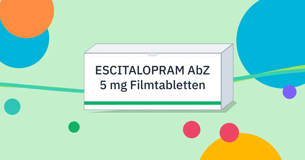 Symbolbild: Packung mit der Aufschrift ESCITALOPRAM AbZ 5 mg Filmtabletten (PZN 10099063) – Verfügbarkeit und Bezug in Apotheken in Frankfurt am Main