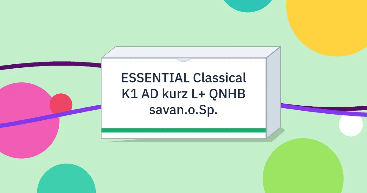 Symbolbild: Packung mit der Aufschrift ESSENTIAL Classical K1 AD kurz L+ QNHB savan.o.Sp. (PZN 18866639) – Verfügbarkeit und Bezug in Apotheken in Frankfurt am Main