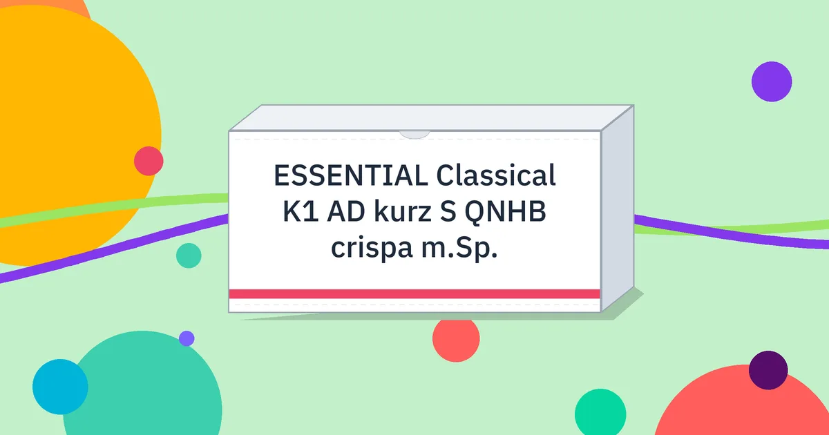 Symbolbild: Packung mit der Aufschrift ESSENTIAL Classical K1 AD kurz S QNHB crispa m.Sp. (PZN 18866941) – Verfügbarkeit und Bezug in Apotheken in Frankfurt am Main