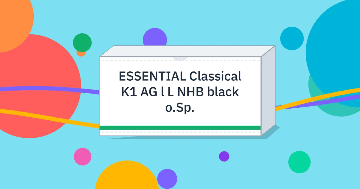 Symbolbild: Packung mit der Aufschrift ESSENTIAL Classical K1 AG l L NHB black o.Sp. (PZN 17004485) – Verfügbarkeit und Bezug in Apotheken in Frankfurt am Main