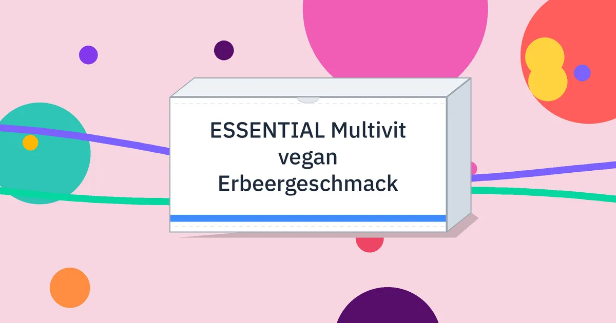 Symbolbild: Packung mit der Aufschrift ESSENTIAL Multivit vegan Erbeergeschmack (PZN 19924043) – Verfügbarkeit und Bezug in Apotheken in Frankfurt am Main