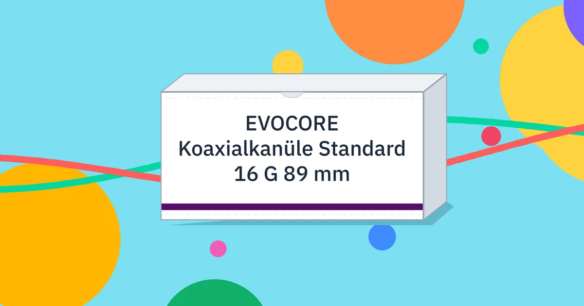 Symbolbild: Packung mit der Aufschrift EVOCORE Koaxialkanüle Standard 16 G 89 mm (PZN 11655661) – Verfügbarkeit und Bezug in Apotheken in Frankfurt am Main