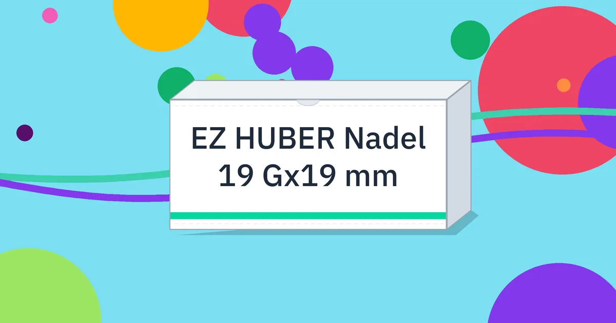 Symbolbild: Packung mit der Aufschrift EZ HUBER Nadel 19 Gx19 mm (PZN 09040604) – Verfügbarkeit und Bezug in Apotheken in Frankfurt am Main