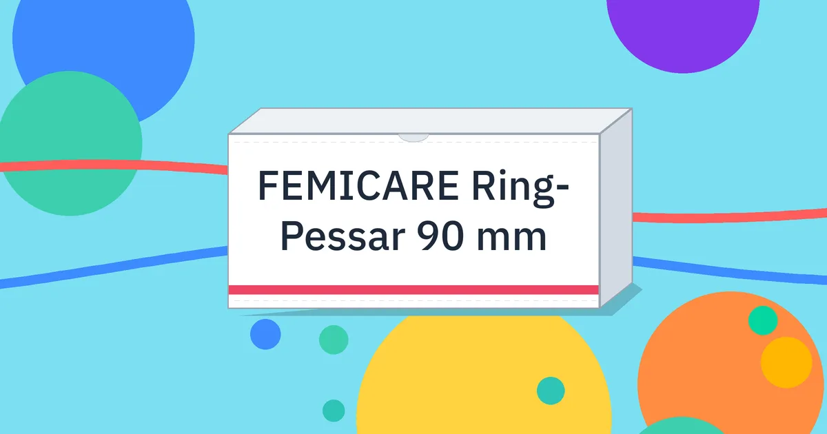 Symbolbild: Packung mit der Aufschrift FEMICARE Ring-Pessar 90 mm (PZN 19336116) – Verfügbarkeit und Bezug in Apotheken in Frankfurt am Main