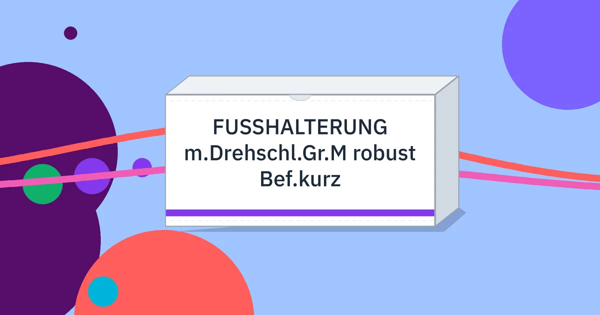 Symbolbild: Packung mit der Aufschrift FUSSHALTERUNG m.Drehschl.Gr.M robust Bef.kurz (PZN 11574508) – Verfügbarkeit und Bezug in Apotheken in Frankfurt am Main