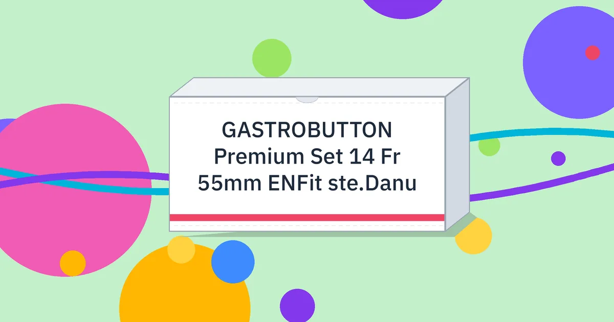 Symbolbild: Packung mit der Aufschrift GASTROBUTTON Premium Set 14 Fr 55mm ENFit ste.Danu (PZN 19076951) – Verfügbarkeit und Bezug in Apotheken in Frankfurt am Main