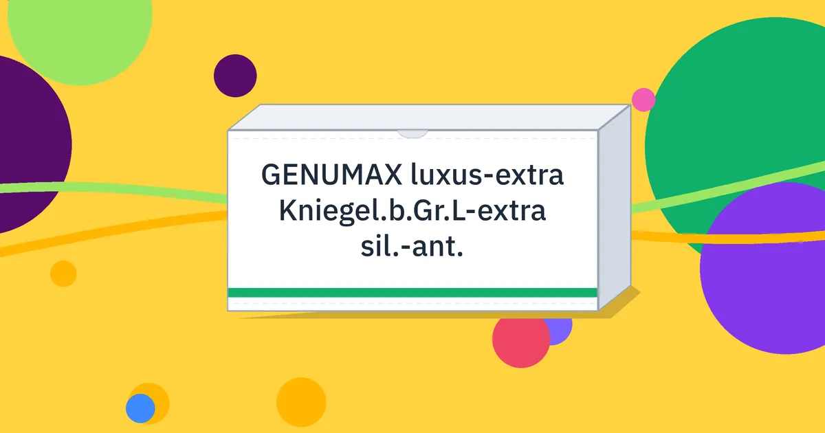 Symbolbild: Packung mit der Aufschrift GENUMAX luxus-extra Kniegel.b.Gr.L-extra sil.-ant. (PZN 11329045) – Verfügbarkeit und Bezug in Apotheken in Frankfurt am Main