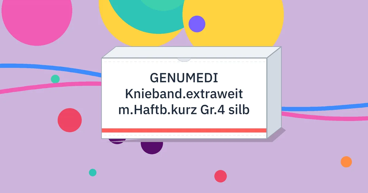Symbolbild: Packung mit der Aufschrift GENUMEDI Knieband.extraweit m.Haftb.kurz Gr.4 silb (PZN 19886236) – Verfügbarkeit und Bezug in Apotheken in Frankfurt am Main