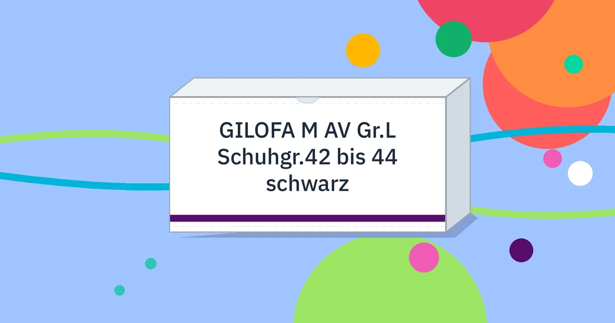 Symbolbild: Packung mit der Aufschrift GILOFA M AV Gr.L Schuhgr.42 bis 44 schwarz (PZN 16726584) – Verfügbarkeit und Bezug in Apotheken in Frankfurt am Main