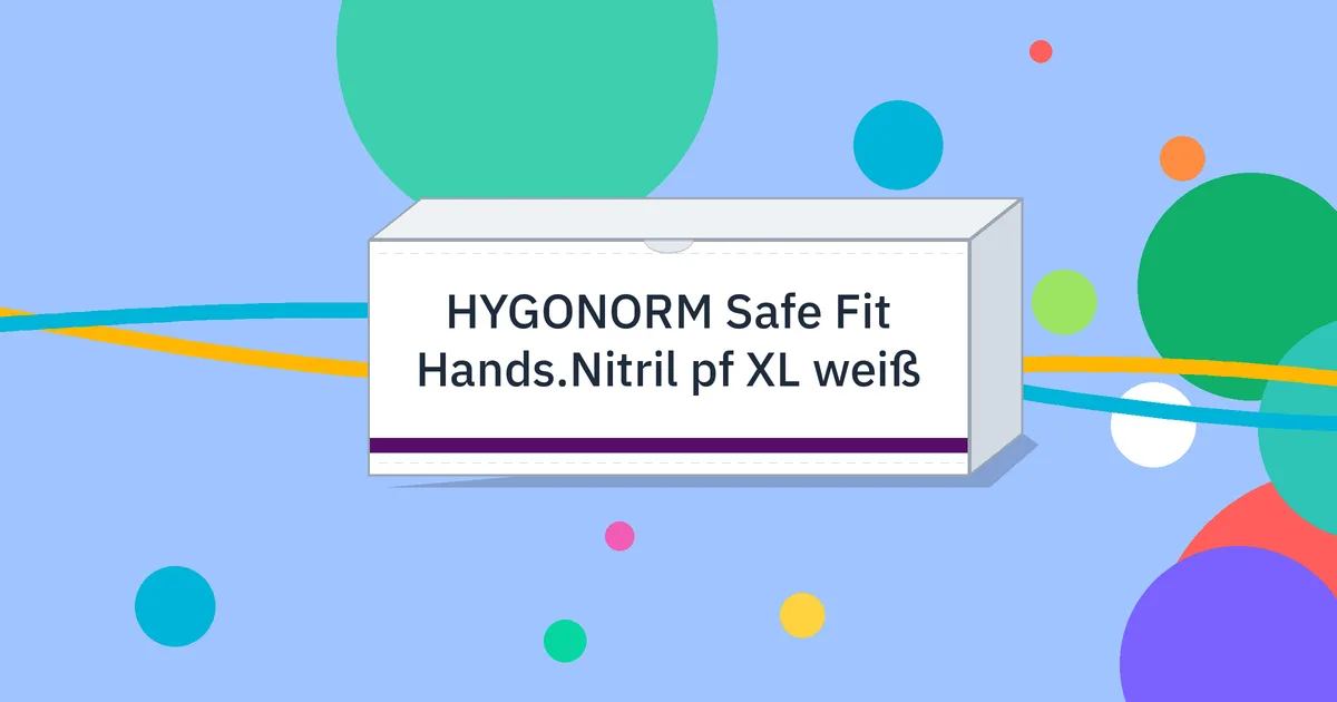 Symbolbild: Packung mit der Aufschrift HYGONORM Safe Fit Hands.Nitril pf XL weiß (PZN 20775341) – Verfügbarkeit und Bezug in Apotheken in Frankfurt am Main