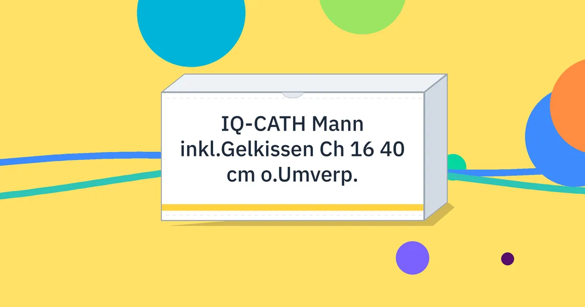 Symbolbild: Packung mit der Aufschrift IQ-CATH Mann inkl.Gelkissen Ch 16 40 cm o.Umverp. (PZN 01899132) – Verfügbarkeit und Bezug in Apotheken in Frankfurt am Main