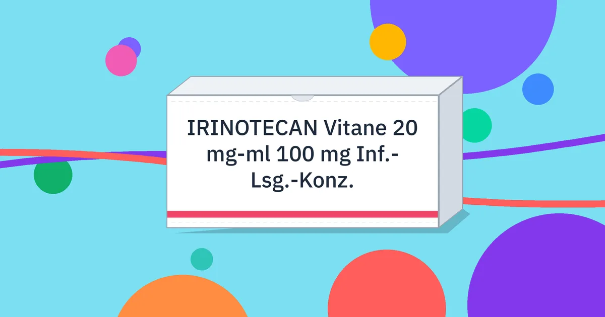Symbolbild: Packung mit der Aufschrift IRINOTECAN Vitane 20 mg-ml 100 mg Inf.-Lsg.-Konz. (PZN 11721961) – Verfügbarkeit und Bezug in Apotheken in Frankfurt am Main