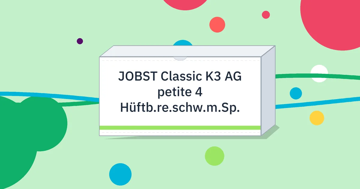 Symbolbild: Packung mit der Aufschrift JOBST Classic K3 AG petite 4 Hüftb.re.schw.m.Sp. (PZN 13075034) – Verfügbarkeit und Bezug in Apotheken in Frankfurt am Main