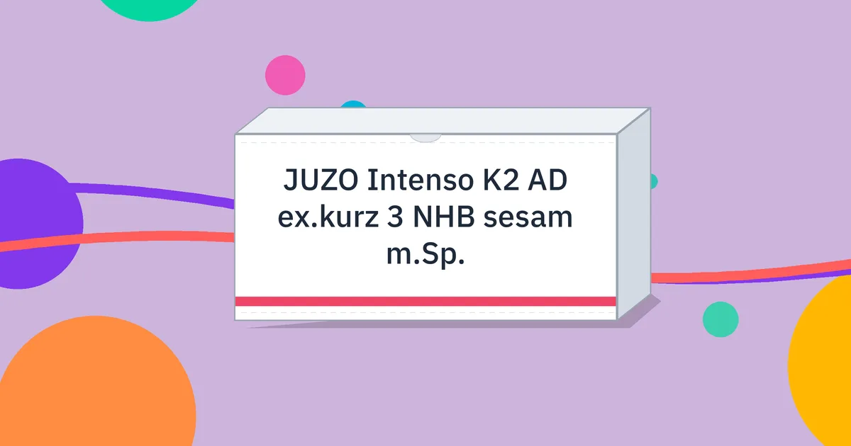 Symbolbild: Packung mit der Aufschrift JUZO Intenso K2 AD ex.kurz 3 NHB sesam m.Sp. (PZN 18611537) – Verfügbarkeit und Bezug in Apotheken in Frankfurt am Main