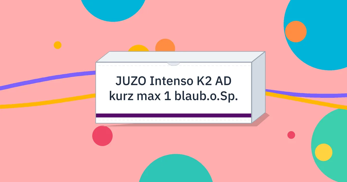 Symbolbild: Packung mit der Aufschrift JUZO Intenso K2 AD kurz max 1 blaub.o.Sp. (PZN 18619220) – Verfügbarkeit und Bezug in Apotheken in Frankfurt am Main