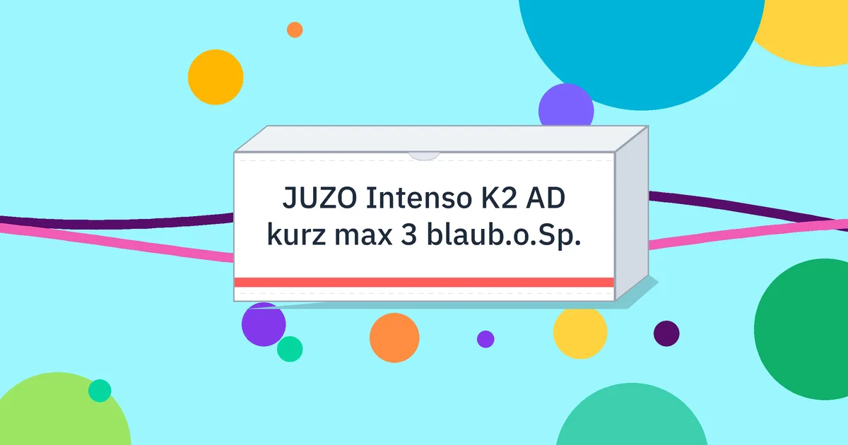 Symbolbild: Packung mit der Aufschrift JUZO Intenso K2 AD kurz max 3 blaub.o.Sp. (PZN 18619243) – Verfügbarkeit und Bezug in Apotheken in Frankfurt am Main