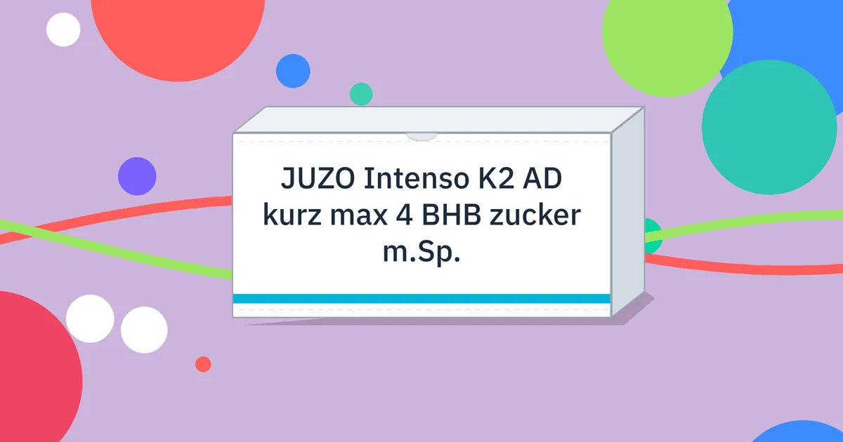 Symbolbild: Packung mit der Aufschrift JUZO Intenso K2 AD kurz max 4 BHB zucker m.Sp. (PZN 18615475) – Verfügbarkeit und Bezug in Apotheken in Frankfurt am Main