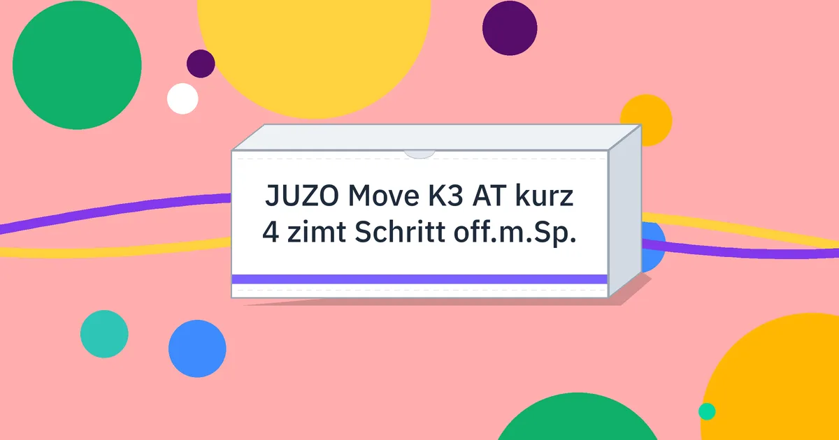 Symbolbild: Packung mit der Aufschrift JUZO Move K3 AT kurz 4 zimt Schritt off.m.Sp. (PZN 20683550) – Verfügbarkeit und Bezug in Apotheken in Frankfurt am Main
