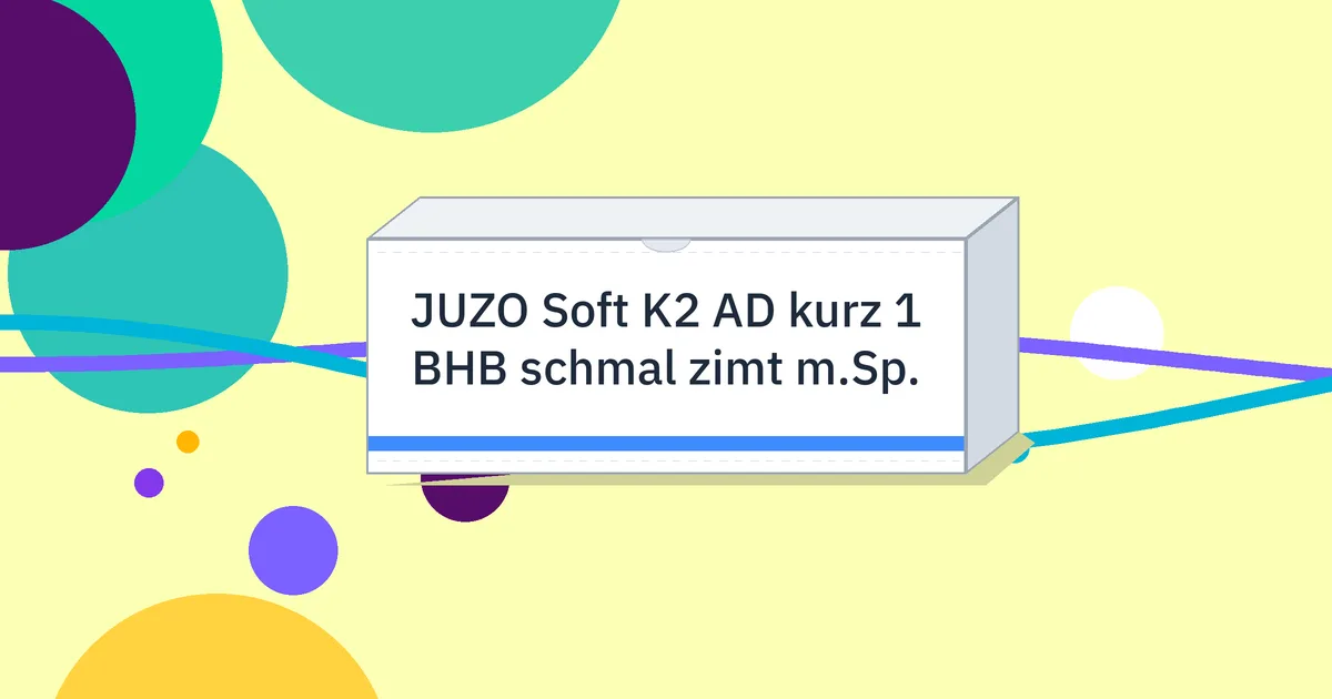Symbolbild: Packung mit der Aufschrift JUZO Soft K2 AD kurz 1 BHB schmal zimt m.Sp. (PZN 15465590) – Verfügbarkeit und Bezug in Apotheken in Frankfurt am Main