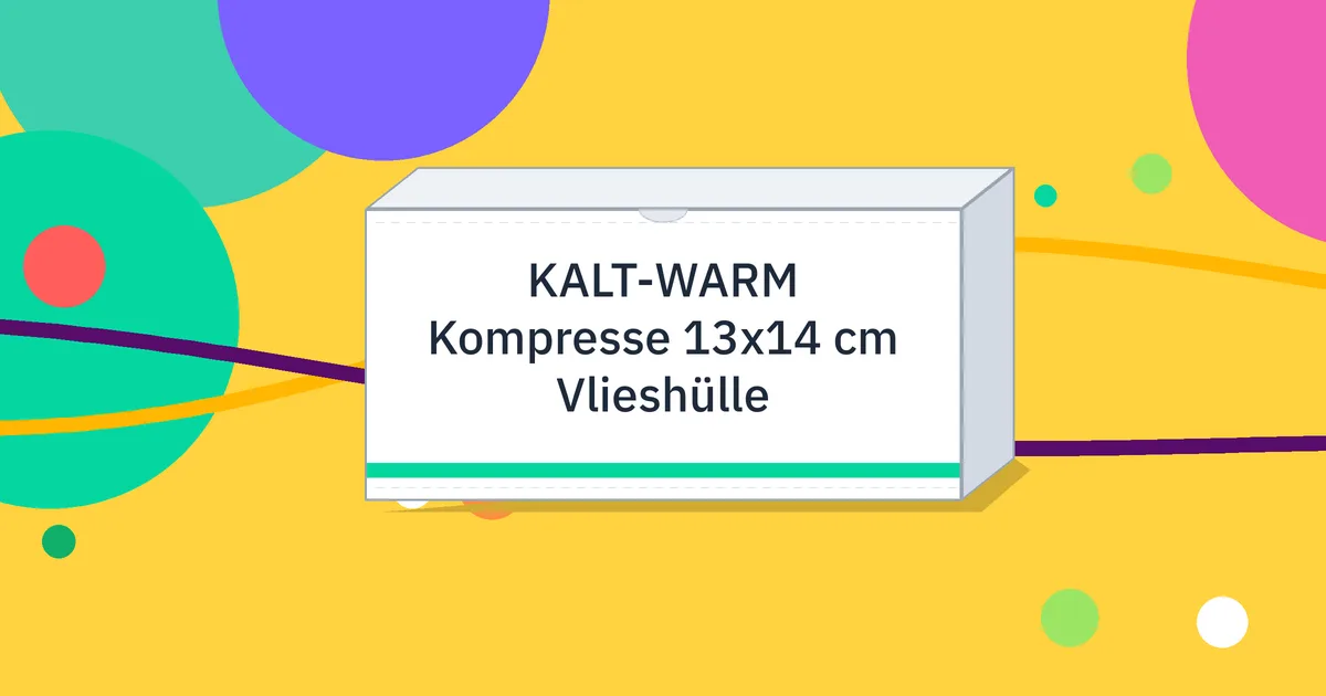 Symbolbild: Packung mit der Aufschrift KALT-WARM Kompresse 13x14 cm Vlieshülle (PZN 01988427) – Verfügbarkeit und Bezug in Apotheken in Frankfurt am Main