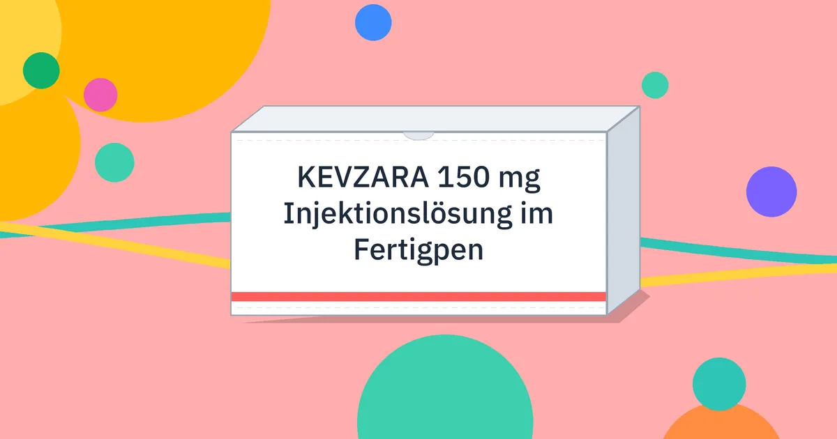 Symbolbild: Packung mit der Aufschrift KEVZARA 150 mg Injektionslösung im Fertigpen (PZN 18840060) – Verfügbarkeit und Bezug in Apotheken in Frankfurt am Main