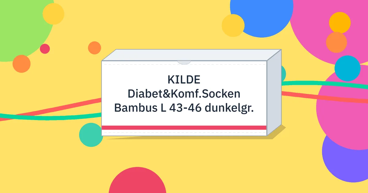 Symbolbild: Packung mit der Aufschrift KILDE Diabet&Komf.Socken Bambus L 43-46 dunkelgr. (PZN 20798282) – Verfügbarkeit und Bezug in Apotheken in Frankfurt am Main