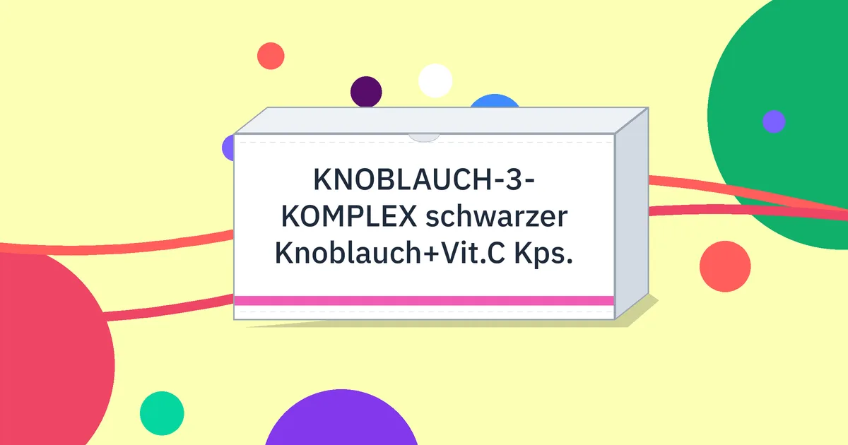 Symbolbild: Packung mit der Aufschrift KNOBLAUCH-3-KOMPLEX schwarzer Knoblauch+Vit.C Kps. (PZN 18677281) – Verfügbarkeit und Bezug in Apotheken in Frankfurt am Main