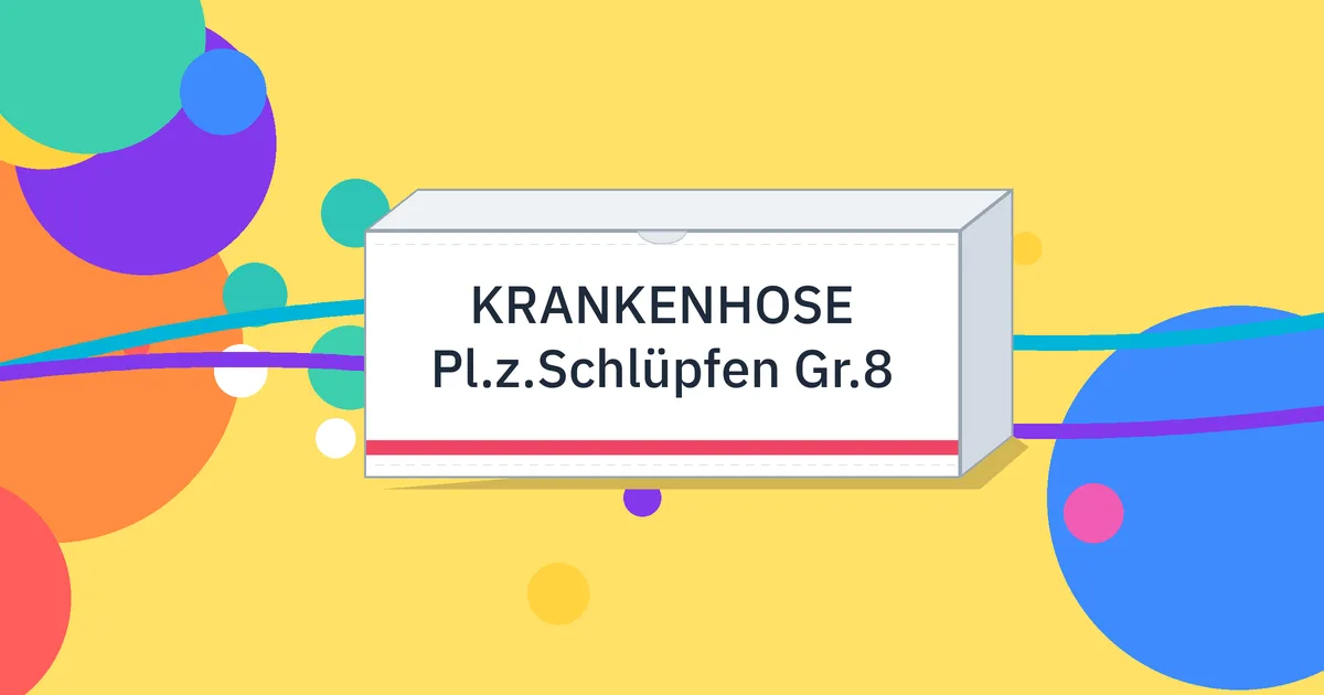 Symbolbild: Packung mit der Aufschrift KRANKENHOSE Pl.z.Schlüpfen Gr.8 (PZN 01979612) – Verfügbarkeit und Bezug in Apotheken in Frankfurt am Main