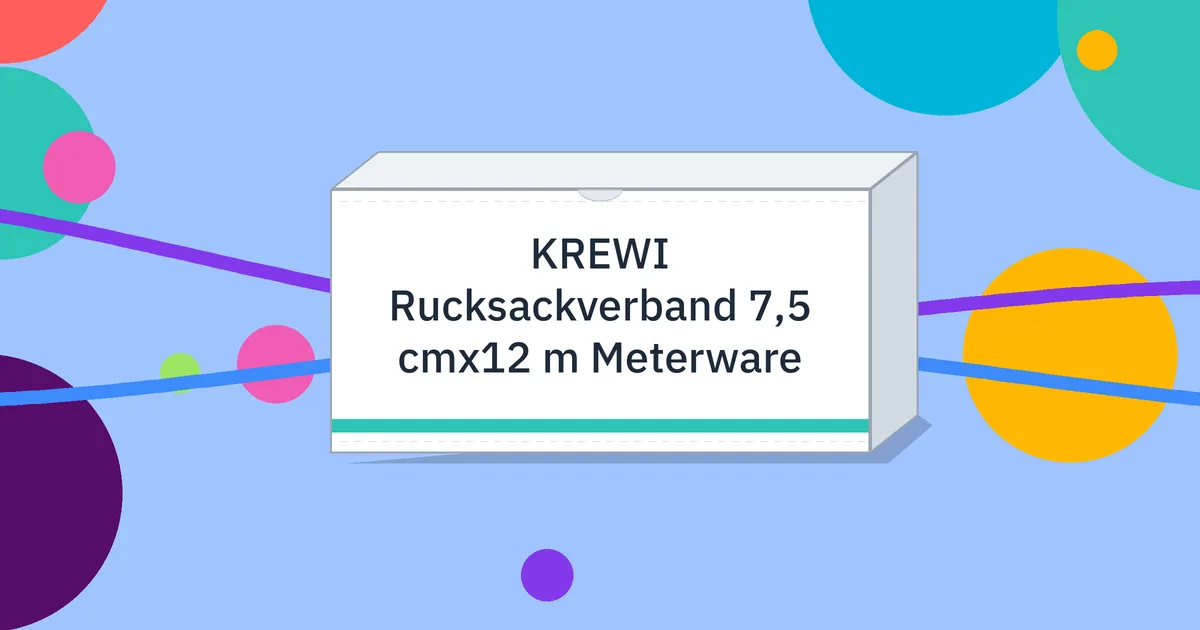 Symbolbild: Packung mit der Aufschrift KREWI Rucksackverband 7,5 cmx12 m Meterware (PZN 06711156) – Verfügbarkeit und Bezug in Apotheken in Frankfurt am Main