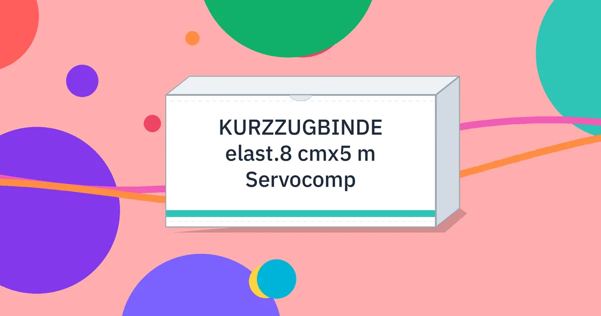 Symbolbild: Packung mit der Aufschrift KURZZUGBINDE elast.8 cmx5 m Servocomp (PZN 04762511) – Verfügbarkeit und Bezug in Apotheken in Frankfurt am Main