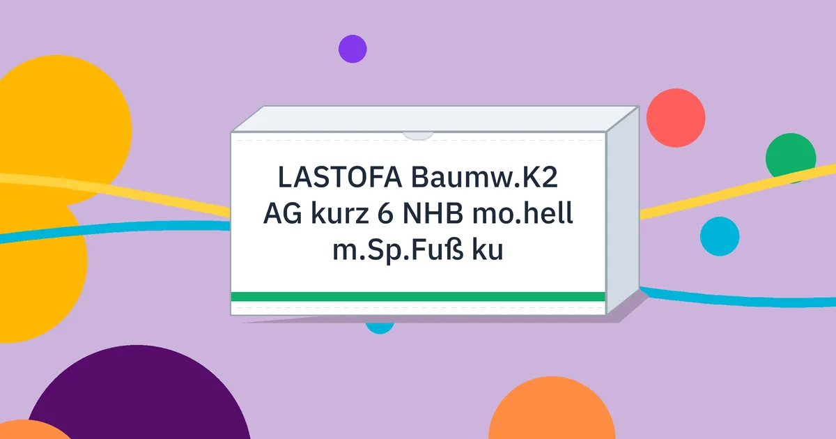 Symbolbild: Packung mit der Aufschrift LASTOFA Baumw.K2 AG kurz 6 NHB mo.hell m.Sp.Fuß ku (PZN 01948215) – Verfügbarkeit und Bezug in Apotheken in Frankfurt am Main