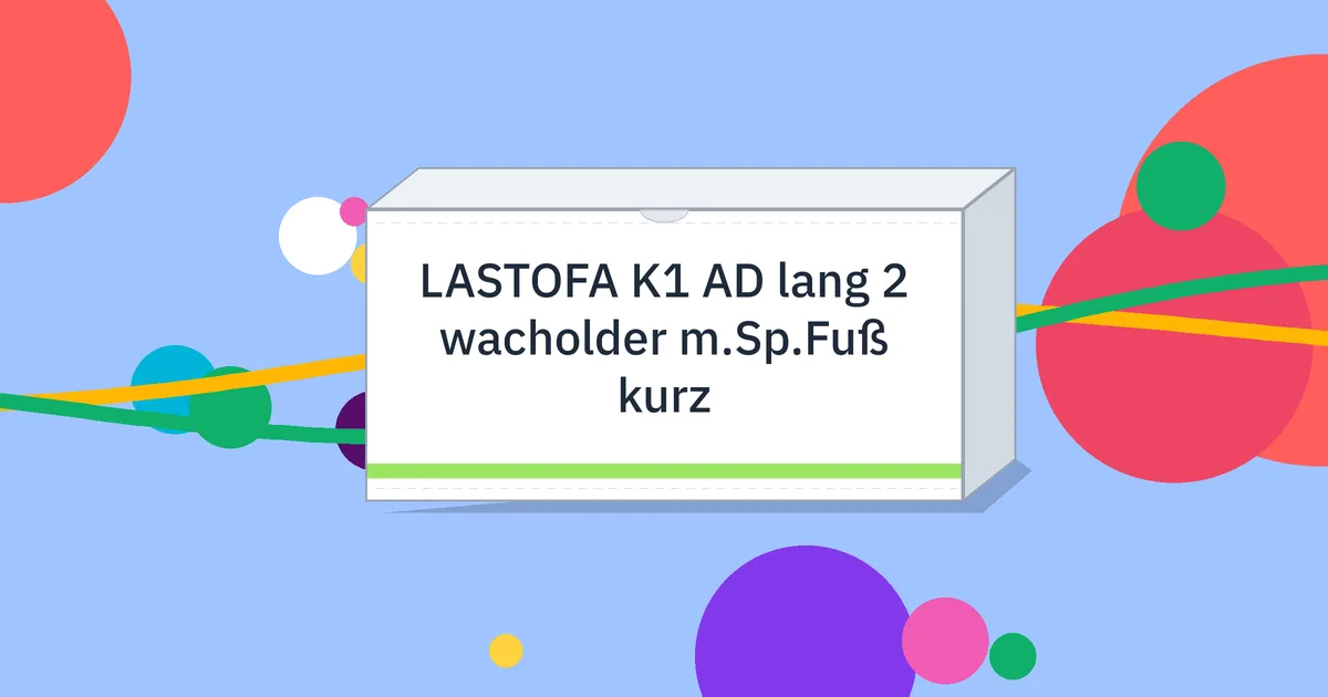 Symbolbild: Packung mit der Aufschrift LASTOFA K1 AD lang 2 wacholder m.Sp.Fuß kurz (PZN 13786657) – Verfügbarkeit und Bezug in Apotheken in Frankfurt am Main