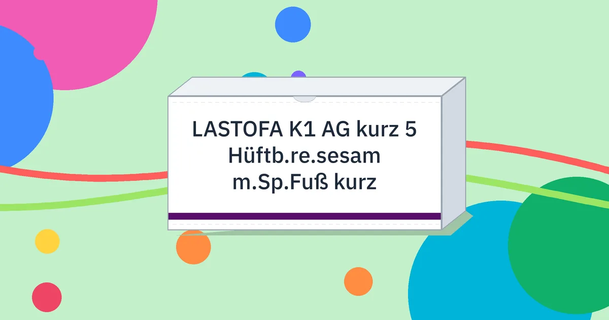 Symbolbild: Packung mit der Aufschrift LASTOFA K1 AG kurz 5 Hüftb.re.sesam m.Sp.Fuß kurz (PZN 13798873) – Verfügbarkeit und Bezug in Apotheken in Frankfurt am Main