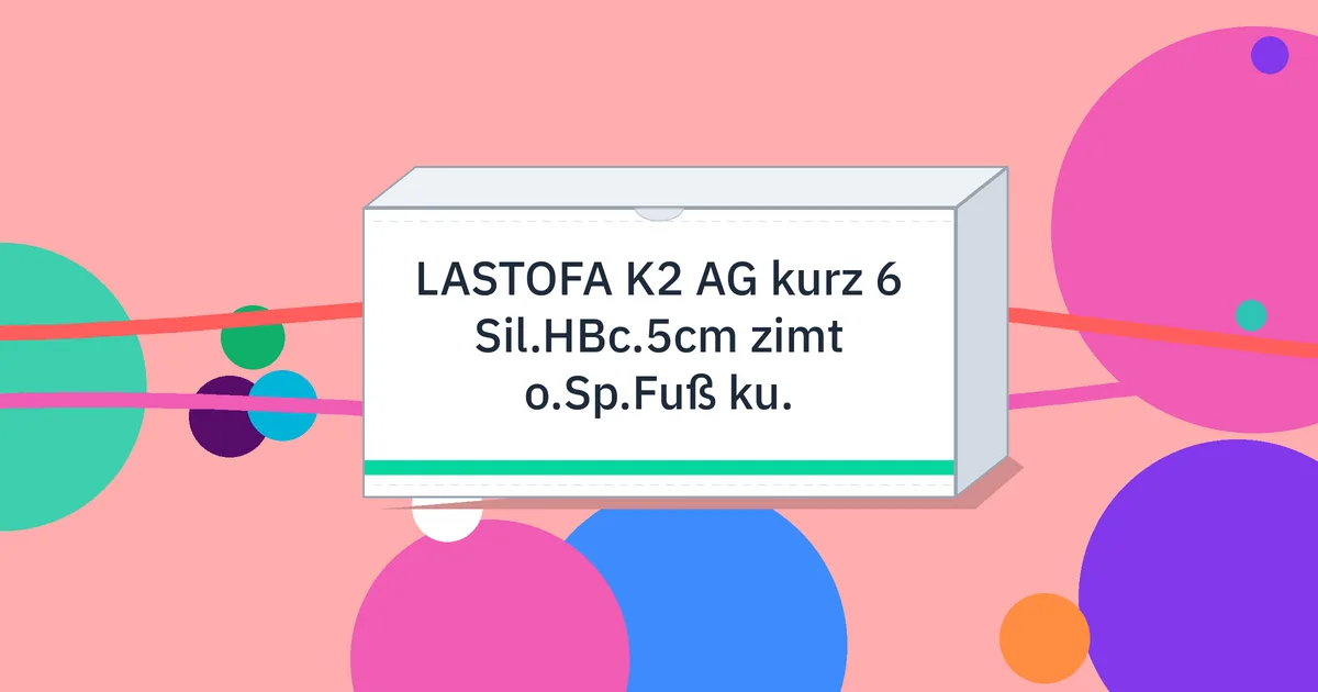 Symbolbild: Packung mit der Aufschrift LASTOFA K2 AG kurz 6 Sil.HBc.5cm zimt o.Sp.Fuß ku. (PZN 13807477) – Verfügbarkeit und Bezug in Apotheken in Frankfurt am Main