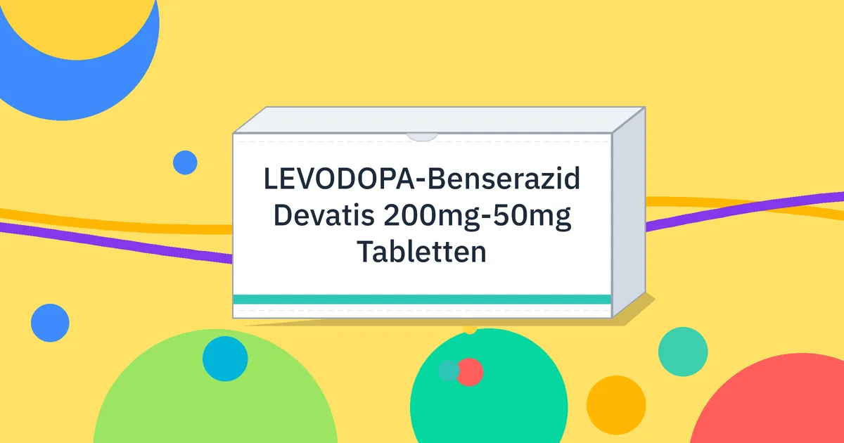 Symbolbild: Packung mit der Aufschrift LEVODOPA-Benserazid Devatis 200mg-50mg Tabletten (PZN 16856737) – Verfügbarkeit und Bezug in Apotheken in Frankfurt am Main