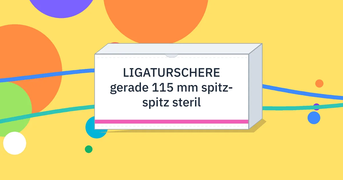 Symbolbild: Packung mit der Aufschrift LIGATURSCHERE gerade 115 mm spitz-spitz steril (PZN 19978205) – Verfügbarkeit und Bezug in Apotheken in Frankfurt am Main