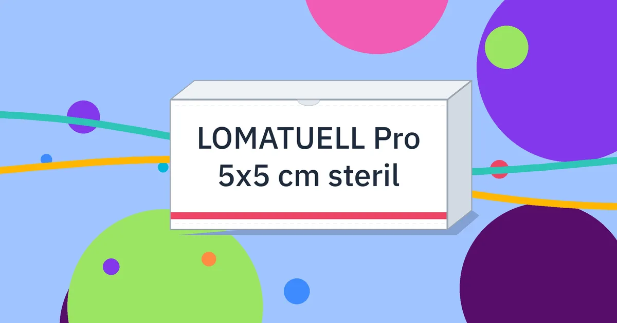 Symbolbild: Packung mit der Aufschrift LOMATUELL Pro 5x5 cm steril (PZN 18853447) – Verfügbarkeit und Bezug in Apotheken in Frankfurt am Main