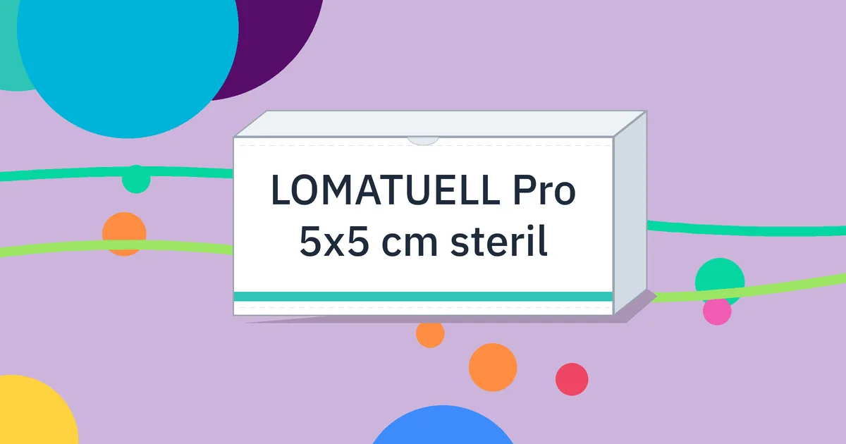 Symbolbild: Packung mit der Aufschrift LOMATUELL Pro 5x5 cm steril (PZN 19701828) – Verfügbarkeit und Bezug in Apotheken in Frankfurt am Main