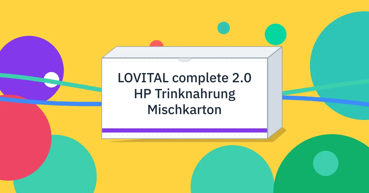 Symbolbild: Packung mit der Aufschrift LOVITAL complete 2.0 HP Trinknahrung Mischkarton (PZN 19442551) – Verfügbarkeit und Bezug in Apotheken in Frankfurt am Main