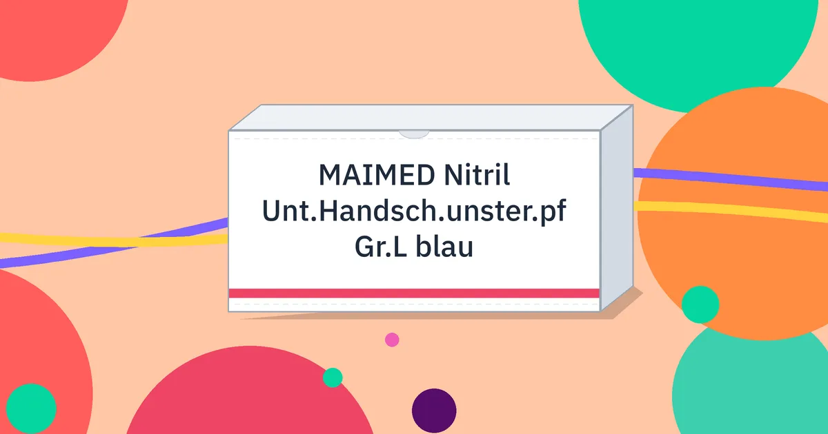 Symbolbild: Packung mit der Aufschrift MAIMED Nitril Unt.Handsch.unster.pf Gr.L blau (PZN 02074422) – Verfügbarkeit und Bezug in Apotheken in Frankfurt am Main