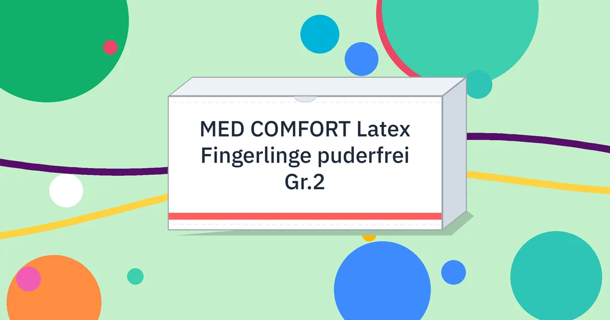 Symbolbild: Packung mit der Aufschrift MED COMFORT Latex Fingerlinge puderfrei Gr.2 (PZN 15404832) – Verfügbarkeit und Bezug in Apotheken in Frankfurt am Main