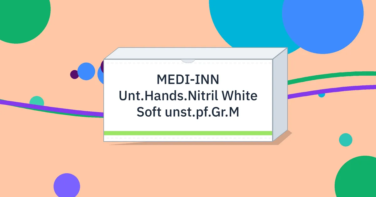 Symbolbild: Packung mit der Aufschrift MEDI-INN Unt.Hands.Nitril White Soft unst.pf.Gr.M (PZN 10183438) – Verfügbarkeit und Bezug in Apotheken in Frankfurt am Main