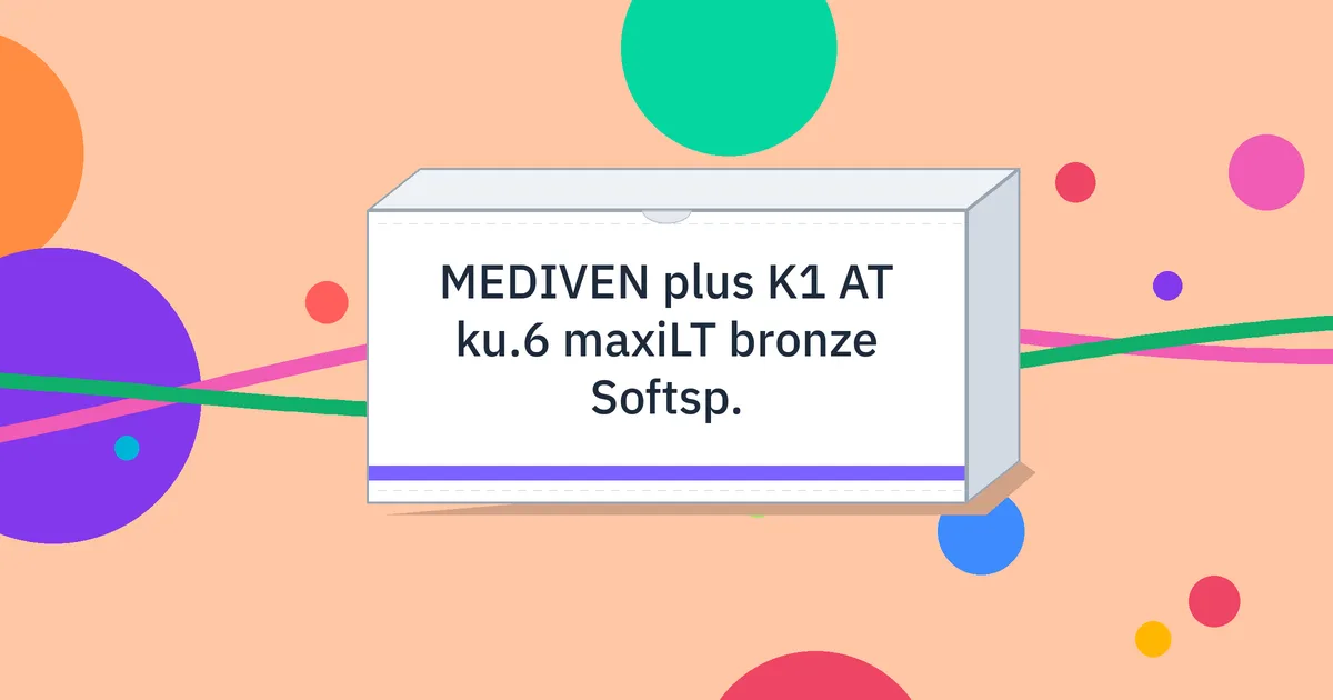 Symbolbild: Packung mit der Aufschrift MEDIVEN plus K1 AT ku.6 maxiLT bronze Softsp. (PZN 15069859) – Verfügbarkeit und Bezug in Apotheken in Frankfurt am Main